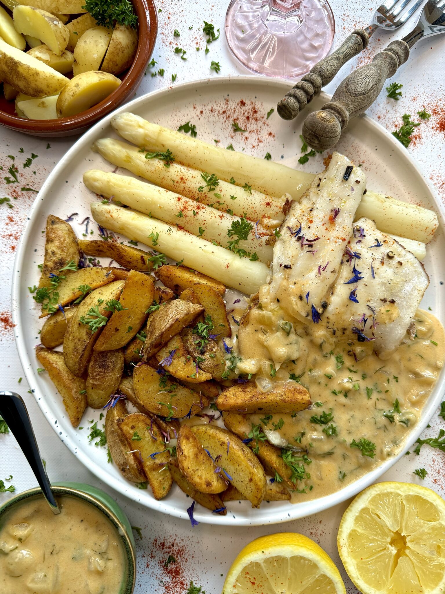 Witte asperges met zeebaars en gebakken aardappeltjes in honing ...